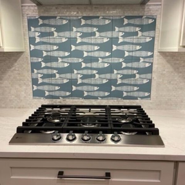 Navy Blue Fish Tile, Ocean Tile Feature Wall, Fish Decor, Pattern ...