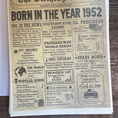 1952 Birthday Newspaper Poster Sign, 1952 Birthday, Years Ago Back in ...