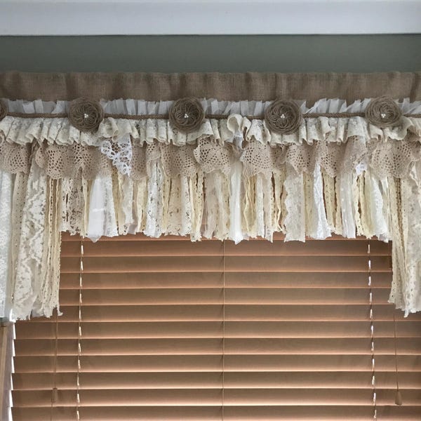 Custom Rustic Unique Burlap Beige Ivory Lace Bedroom Curtain Valance ...