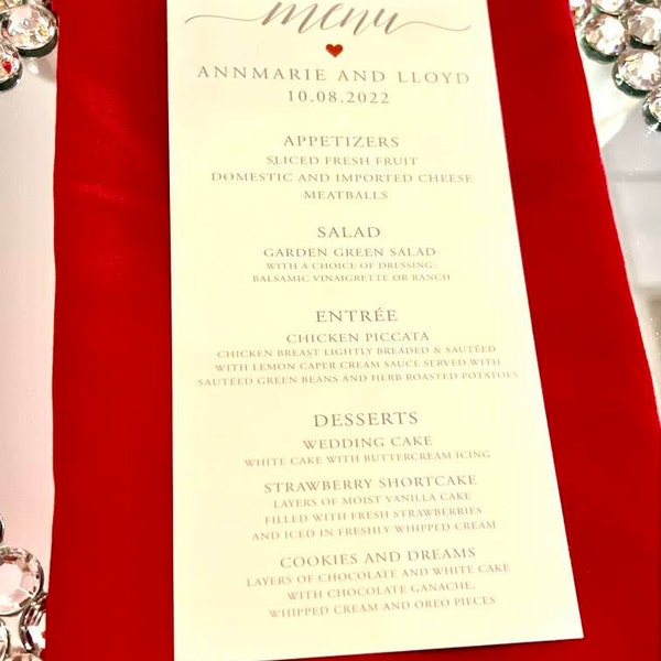 Wedding Reception Dinner Menu Card Handwritten Script Personalized ...