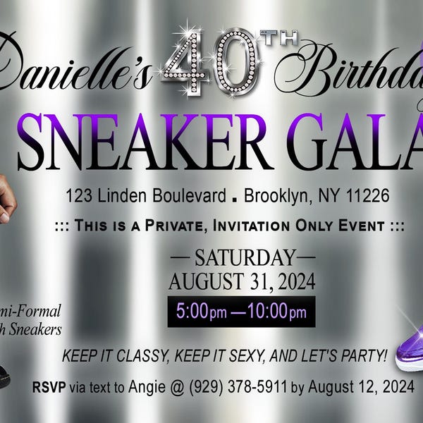 Masquerade Sneaker Ball Purple and Gold Birthday Invitation ...