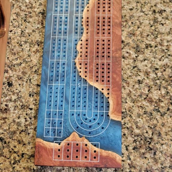 Handcrafted Cribbage Board in Burl+midnight Blue Epoxy Resin | Engraved ...