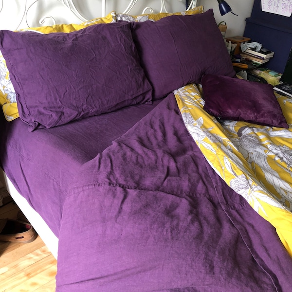 Deep Purple Linen Sheet Set 1 Flat Sheet and 1 Fitted Sheet and 2 ...
