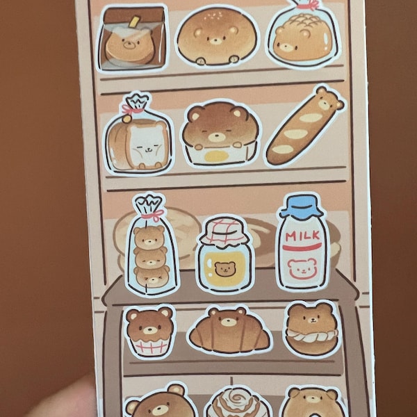 Bear Bakery Sticker Sheet • Kawaii Food • Hand Drawn • Glossy Stickers ...