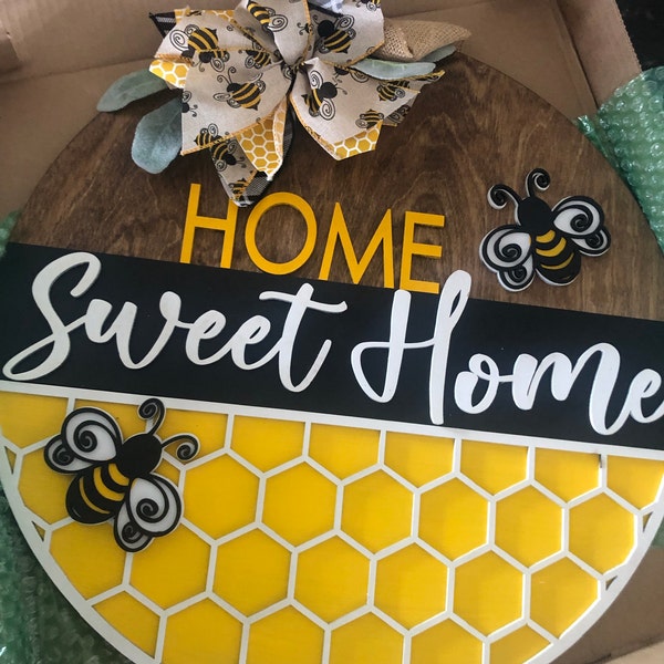 Front Door Decor, Home Sweet Home With Bees, Door Hanger, Bee Lover ...