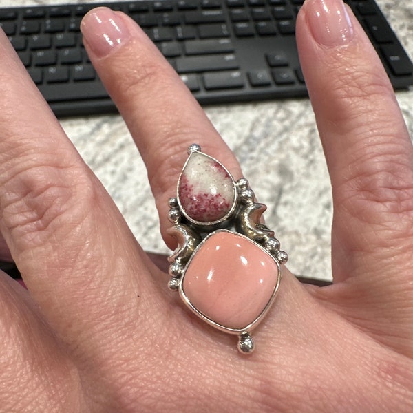 Boho Cinnabar and Pink Opal Ring, Boho Silver Moon Rings, Silver 925 ...