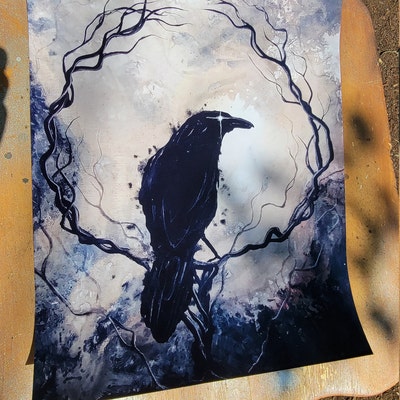 Seeker of Starlight Shadowy Art Print Dark Gothic Crow Raven in Ring of ...