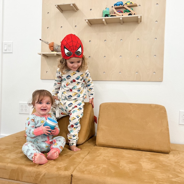Modern Wooden Pegboard Wall: Modular Floating Shelves for Playroom, Gym, Retail Display ...