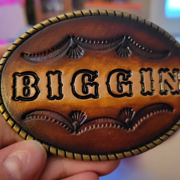 Large Custom Tooled Leather Belt Buckle, MADE to ORDER, Names or ...