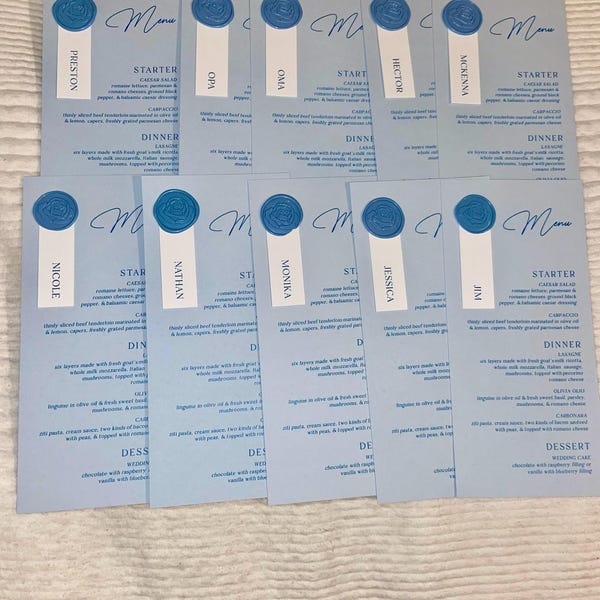 Blue Wedding Menu With Wax Seal and Guest Names Place Card, Light Blue ...