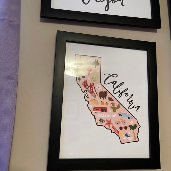 Illustrated California Art Print, Cute California Map Print, Modern ...