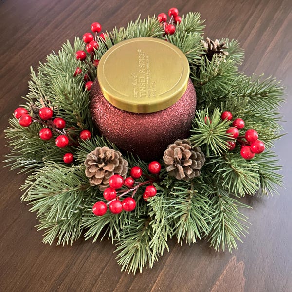 Farmhouse Christmas Winter Candle Ring, Christmas Decoration, Small ...