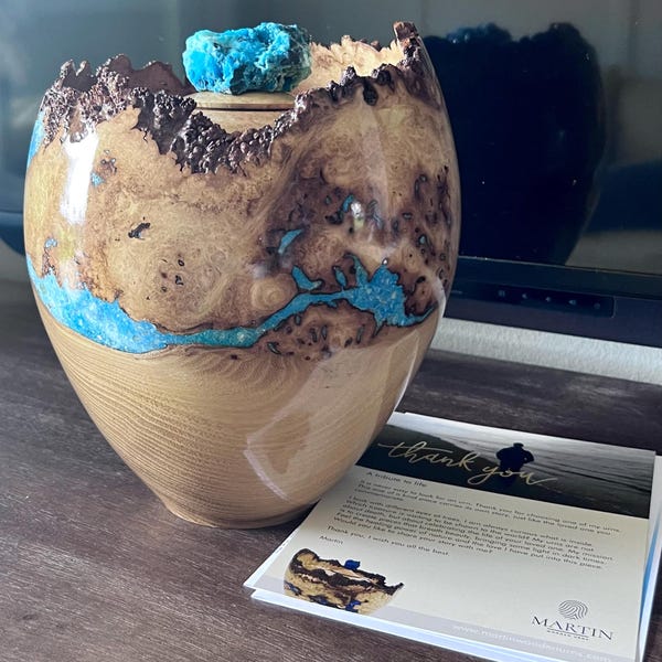 Large Handmade Wooden Urn Made of Olive With Purple Minerals and a ...