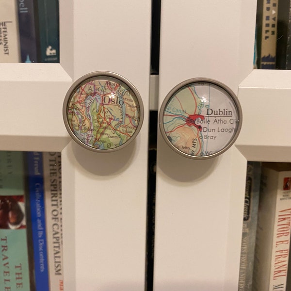 Custom MAP CABINET KNOB / Map Drawer Pull / Glass Domed Nickel, Bronze ...