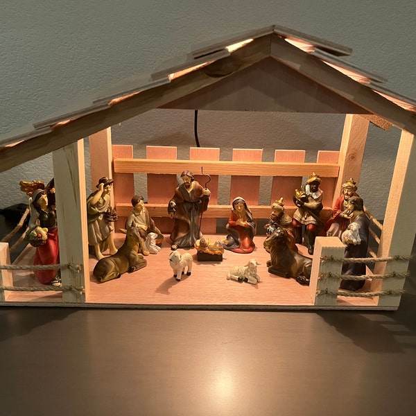 Handmade Wooden Christmas Nativity, Manger, Stable With Light. Rope ...
