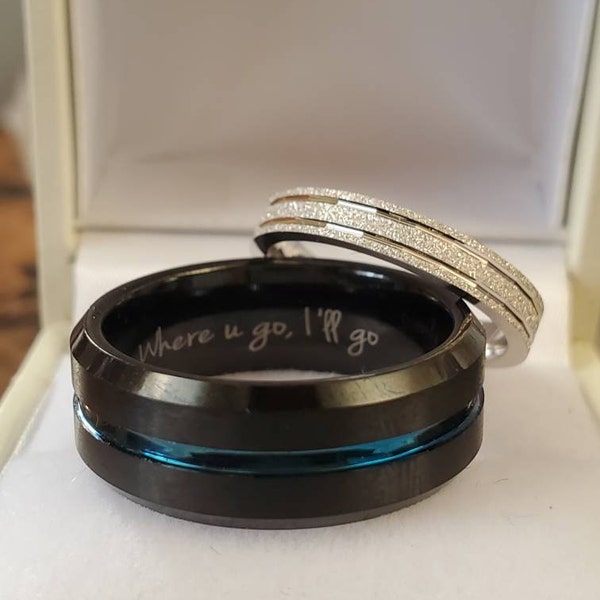 Black Tungsten Brushed Thin Blue Line Wedding Band Ring Custom ...