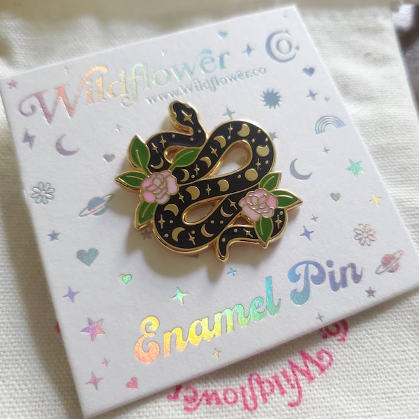 Snake Enamel Pin - Magical W. Moon Phases & Flowers - Black Gold ...