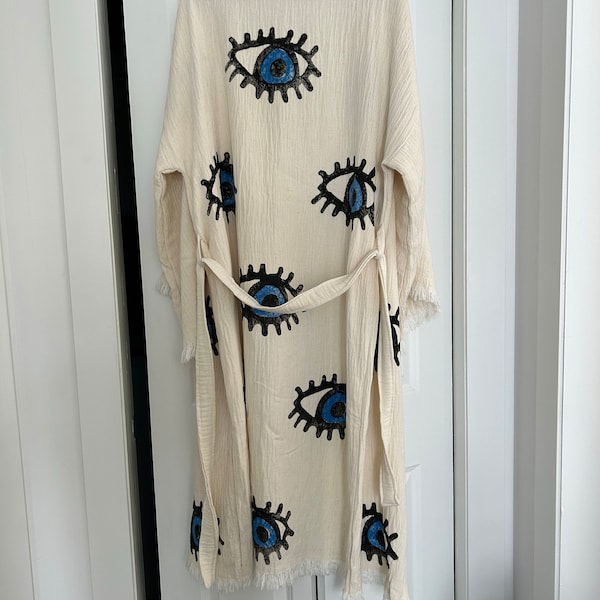 Turkish Cotton Green Evil Eye Kimono, Cardigan Robe, Evil Eye Ethnic ...