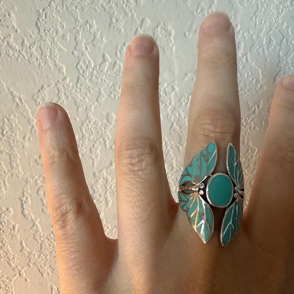 Antique Deco Turquoise Inlay Lunar Moth 925 Sterling Silver Ring - Etsy