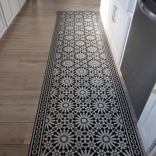 Vinyl Runner Rug or Hallway Runner With Moroccan Tiles Design in Blue ...