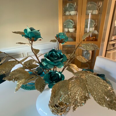 5 Blooming Metallic Turquoise Blue Rose, Artificial Flower Stem, Floral ...