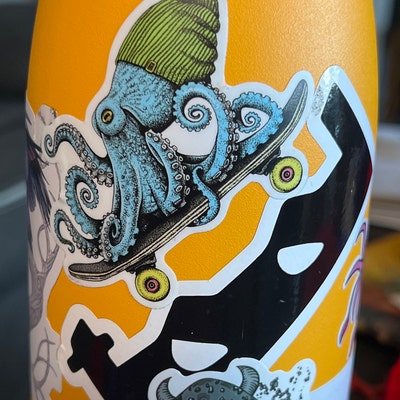 Blue Octopus Skateboarding Vinyl Sticker, Pen and Ink Illustration ...