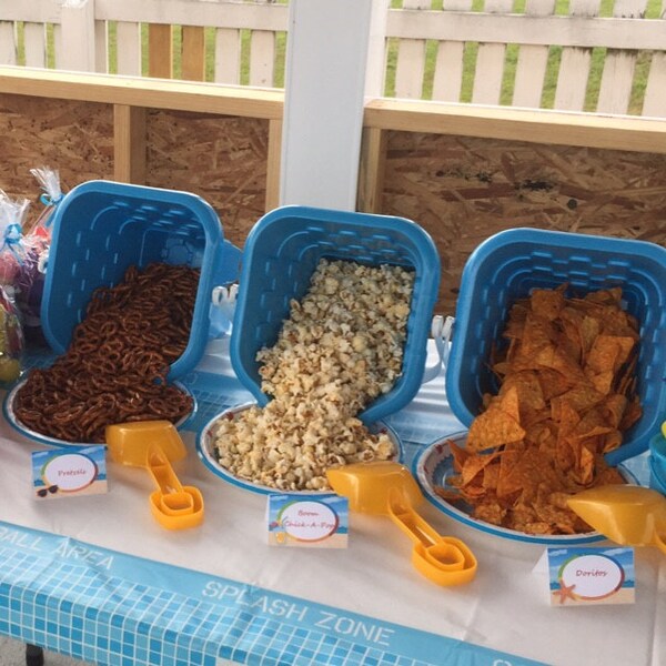 Pool Party Labels - Beach Party Labels - Sandy Beach Buffet Tent Cards ...