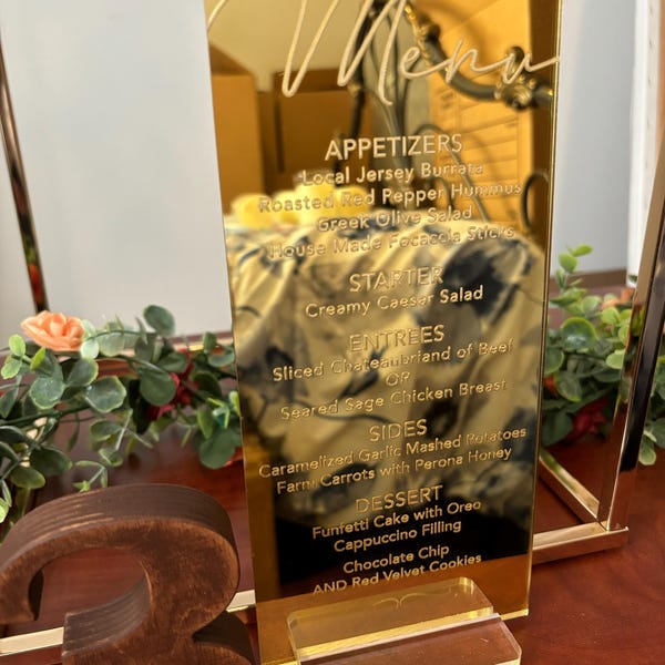 Standing Luxury Wedding Menu, Table Mirror Acrylic Engraved Menus With ...