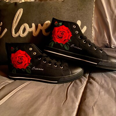 Red Rose Shoes, Rose Print Sneakers, Rose Shoes, Custom High Tops ...