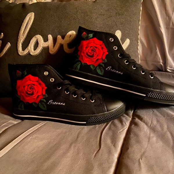 Red Rose Shoes, Rose Print Sneakers, Rose Shoes, Custom High Tops ...