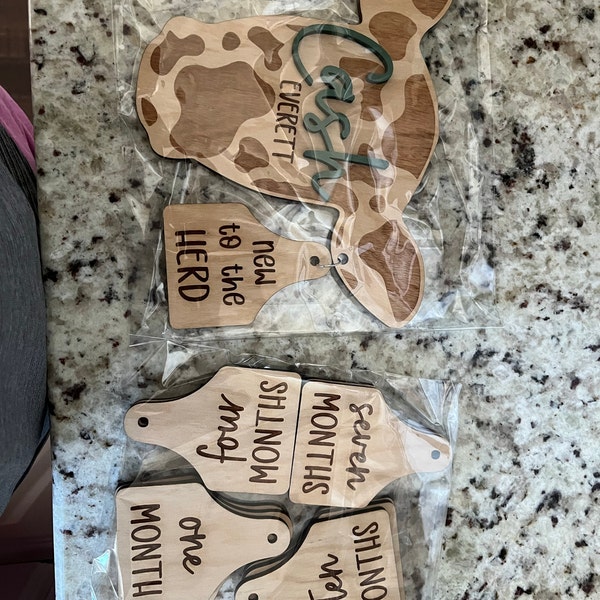 Engraved Wood Cow Tag Baby Milestone Photo Prop, Birth Announcement ...