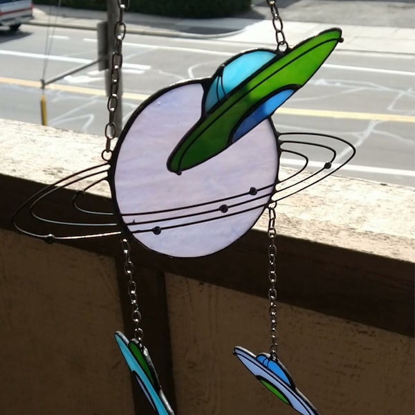 Dreamcatcher UFO and Saturn Stained Glass Decor Suncatcher UFO Window Panel Wall Decor for a ...