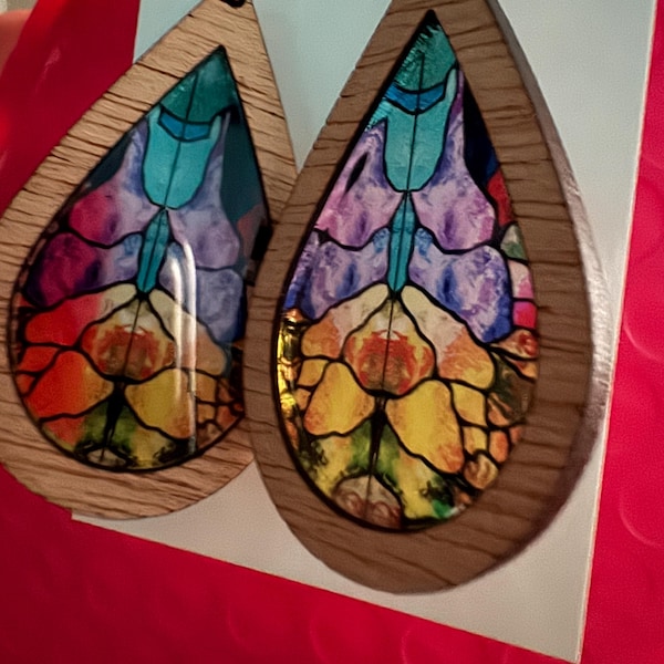 Mosaic Stained Glass Earrings // Teardrop // Wooden // Bright Colorful ...