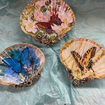 Decoupaged Shell Jewelry Dish Butterfly Shell Jewelry Dish - Etsy