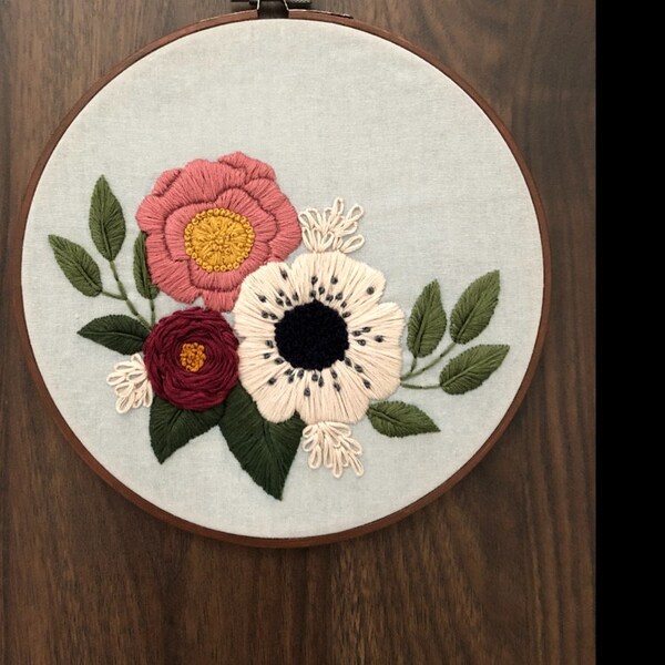 Pink Florals Embroidery Pattern. Digital Download. 6" Embroidery Hoop ...