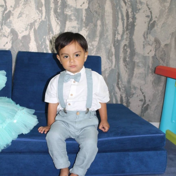 Smoke Green Ring Bearer Outfit, Boys Linen Pants With Suspenders, Page ...