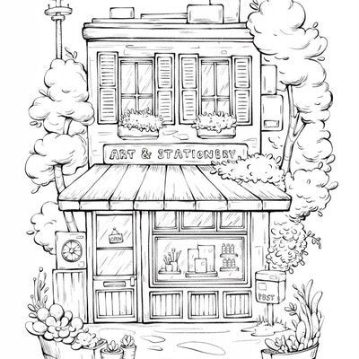 Storefronts Coloring Printables, Building, Shops, Procreate, Letter ...