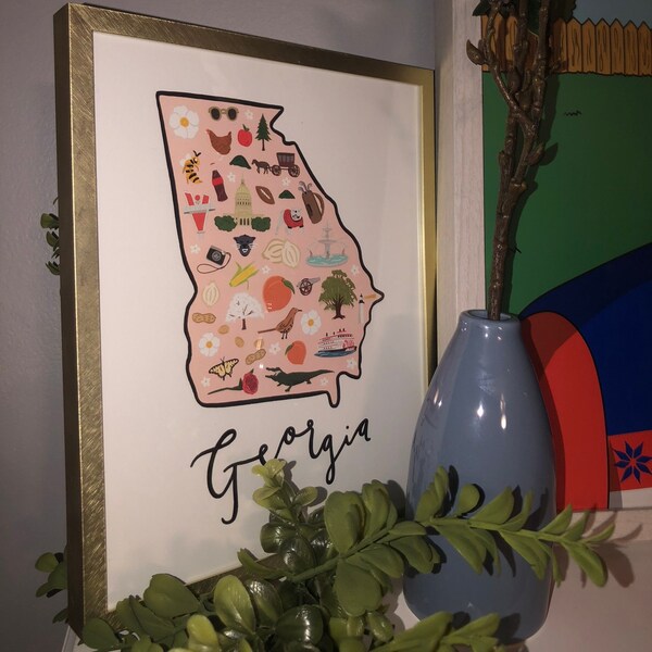 Illustrated Georgia Art Print, Cute Georgia Map Print, Modern Georgia ...