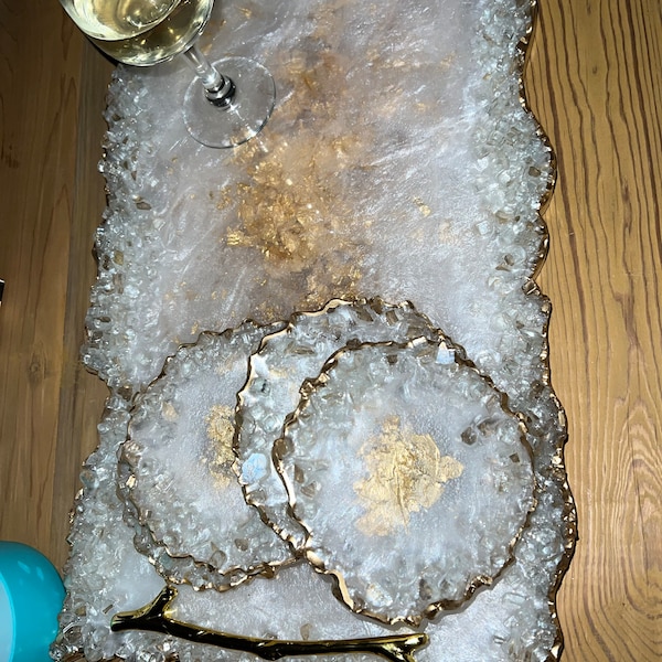 Large Tray & Coaster Set With Reflective Glass Rim, 18x11” Epoxy Resin ...