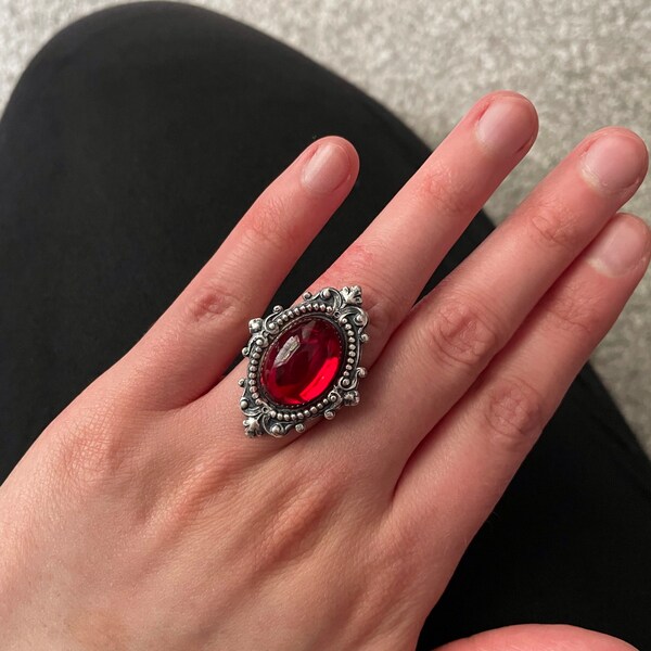 Victorian Gothic Ring - Ruby Red Ornate Silver Filigree Steampunk Ring ...