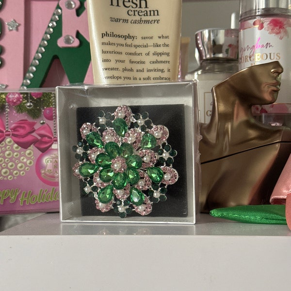 Pink and Green Crystal Brooch With Pearls, Large 3-inch Rhinestone ...