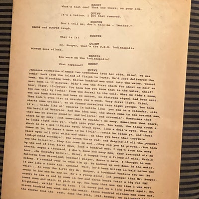 Quint's USS Indianapolis Speech vintage Jaws Script Page Reproduction ...