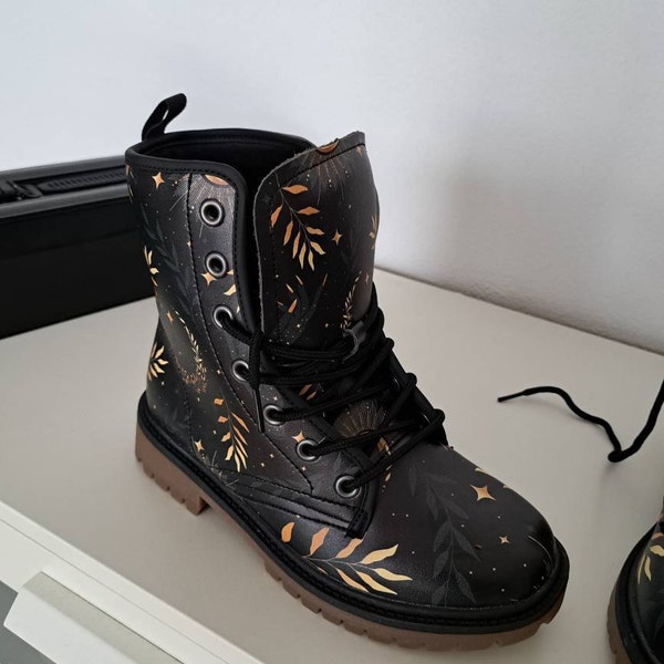 Dark Forest Ferns & Flowers Vegan Boots, Cottagecore Combat Boots, Dark ...