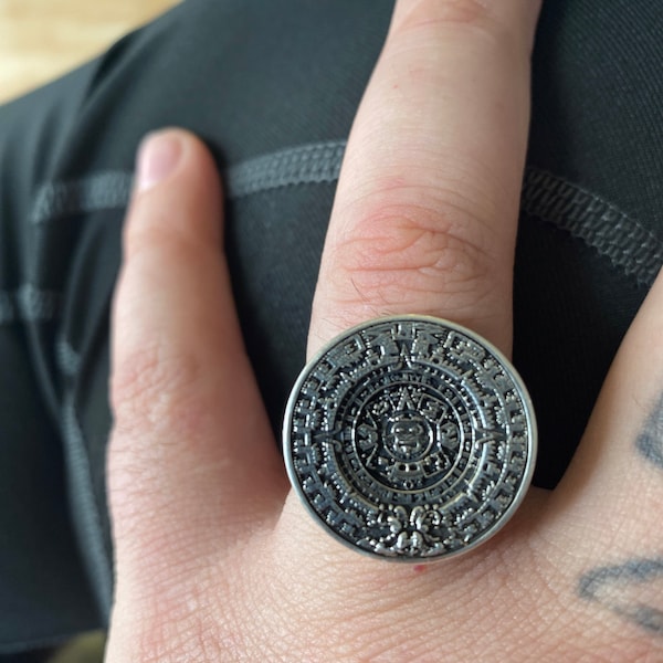 Mayan Calendar Ring, Aztec Calendar Silver Rings, Mexican Ring, Boho ...