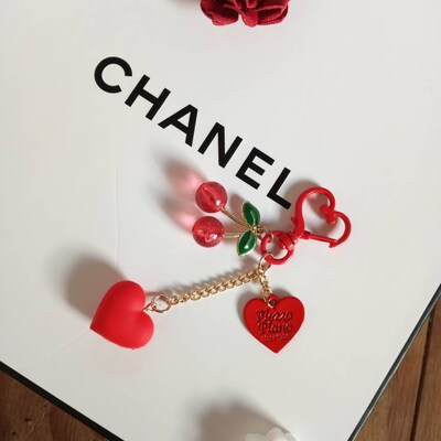 Pink Cherry Keyring With Heart Clasp, Cute Heart Keychain, Keychain ...