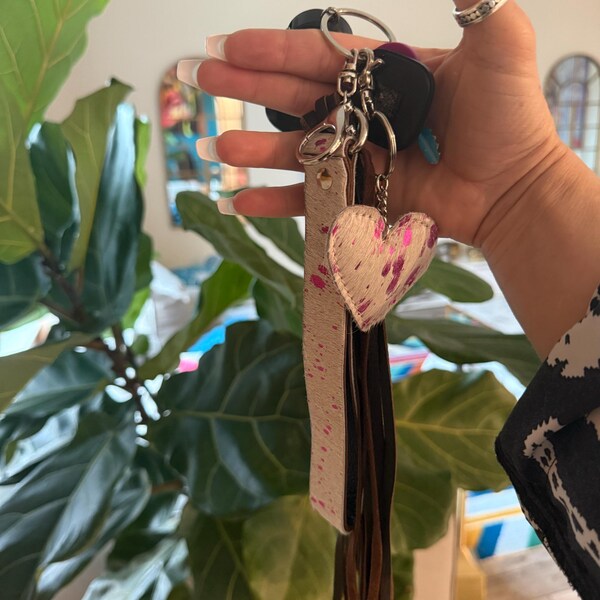 COWHIDE TASSEL KEYCHAIN Wristlet Western Hair on Cowhide Fringe ...