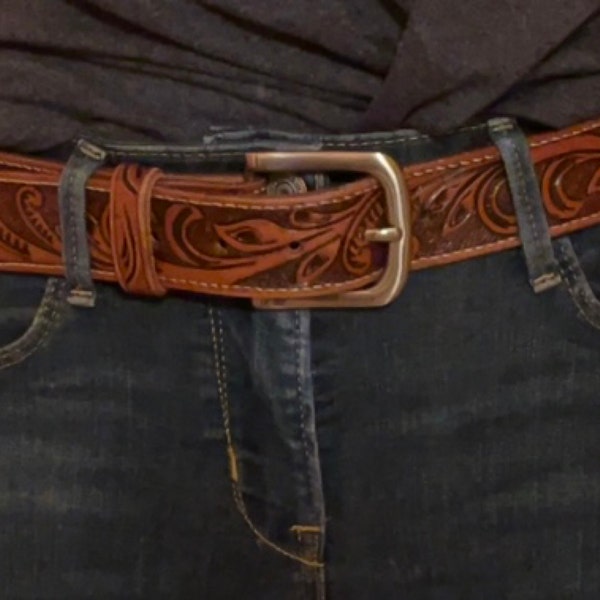 Full Grain Leather Snap-on Belt, Tooled Western Floral Engraved Leather ...