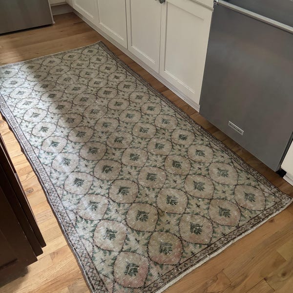 5x9 Muted Pink Green Vintage Turkish Area Rug, 5x9 Pastel Oushak Rug ...