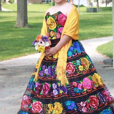 Colorful Chiapas Style Dress. Custom-made Hand Embroidered Cultural 2 Piece Outfit. Quinceañera ...