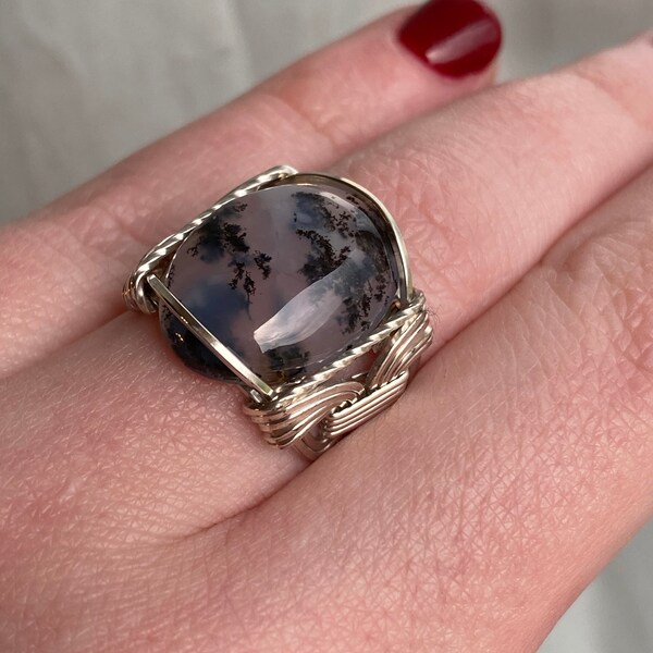 Sterling Silver Merlinite or Dendritic Agate Wire Wrapped Ring - Etsy